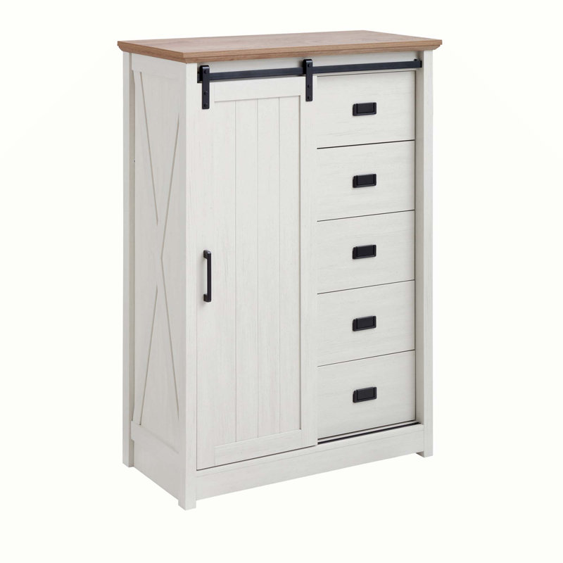 5 Drawers Dresser w Sliding Barn Door Farmhouse Modern Tall Dresser 5 Chest of Drawers Storage Organizer Dresser for Bedroom Hallway Living Room
